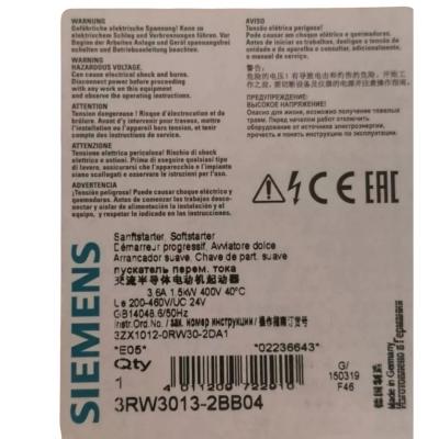 China SIEMENS 3RW3013-2BB04 SIRIUS SOFT STARTER S00 3.6 A, 1.5 KW/400 V, 40 °C 200-480 V AC, 24 V AC/DC SPRING-TYPE TERMINALS for sale