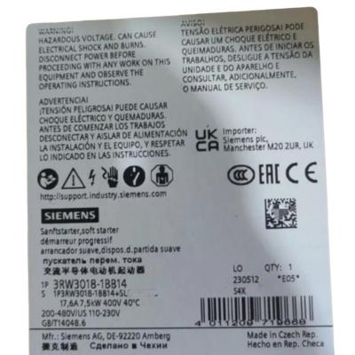 China SIEMENS 3RW3018-1BB14 SIRIUS SOFT STARTER S00 17.6 A, 7.5 KW/400 V, 40 °C 200-480 V AC, 110-230 V AC/DC SCREW TERMINALS for sale