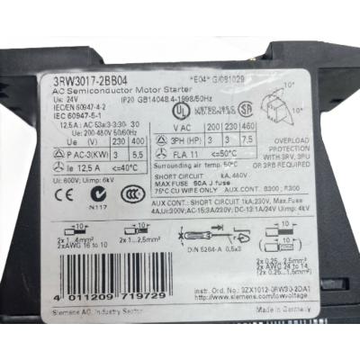 China SIEMENS 3RW3017-2BB04 SIRIUS SOFT STARTER S00 12.5 A, 5.5 KW/400 V, 40 °C 200-480 V AC, 24 V AC/DC SPRING-TYPE for sale