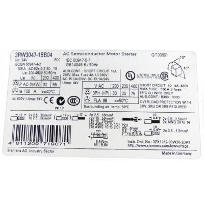 China SIEMENS 3RW3047-1BB04 SIRIUS SOFT STARTER S3 106 A, 55 KW/400 V, 40 °C 200-480 V AC, 24 V AC/DC SCREW TERMINALS for sale