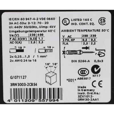 China SIEMENS 3RW3003-2CB54 SIRIUS SOFT STARTER 22.5MM 3 A, 1.1 KW/400 V, 40 °C 200-400 V AC, 24-230 V AC/DC SPRING-TYPE for sale