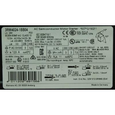 China SIEMENS 3RW4024-1BB04 SIRIUS SOFT STARTER S0 12.5 A, 5.5 KW/400 V, 40 °C 200-480 V AC, 24 V AC/DC SCREW TERMINALS for sale