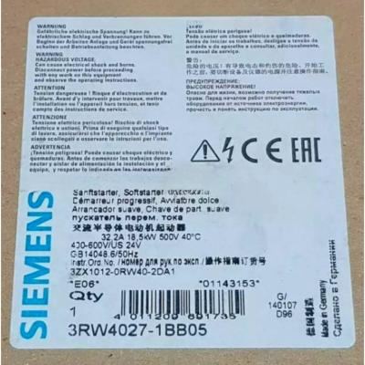 China SIEMENS 3RW4027-1BB05 SIRIUS SOFT STARTER S0 32 A, 18.5 K KW/500 V, 40 °C 400-600 V AC, 24 V AC/DC SCREW TERMINALS for sale