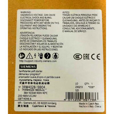 China SIEMENS 3RW4028-1BB04 SIRIUS SOFT STARTER S0 38 A, 18.5 KW/400 V, 40 °C 200-480 V AC, 24 V AC/DC SCREW TERMINALS for sale