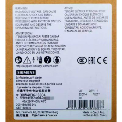 China SIEMENS 3RW4036-1BB04 SIRIUS SOFT STARTER S2 45 A, 22 KW/400 V, 40 °C 200-480 V AC, 24 V AC/DC SCREW TERMINALS for sale