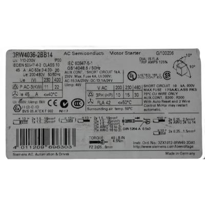 China SIEMENS 3RW4036-2BB14 SIRIUS SOFT STARTER S2 45 A, 22 KW/400 V, 40 °C 200-480 V AC, 110-230 V AC/DC for sale