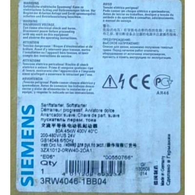 China SIEMENS 3RW4046-1BB04 SIRIUS SOFT STARTER S3 80 A, 45 KW/400 V, 40 °C 200-480 V AC, 24 V AC/DC SCREW TERMINALS for sale