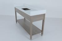 China Metal Ferrule White Stone Top And Backsplash Vanity With Wood Shelf for sale