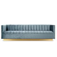 China Modern Living Room Blue Velvet Fabric Sofa Stainless Steel Golden Brushed Manhattan Sofa With Wide Channel Tufting with for sale
