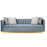 China Modern Living Room Blue Velvet Fabric Sofa Stainless Steel Golden Brushed Manhattan Sofa With Wide Channel Tufting with for sale