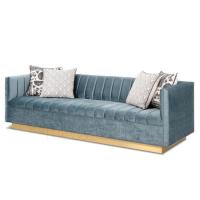 China Modern Living Room Blue Velvet Fabric Sofa Stainless Steel Golden Brushed Manhattan Sofa With Wide Channel Tufting with for sale