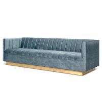 China Modern Living Room Blue Velvet Fabric Sofa Stainless Steel Golden Brushed Manhattan Sofa With Wide Channel Tufting with for sale