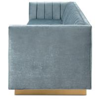 China Modern Living Room Blue Velvet Fabric Sofa Stainless Steel Golden Brushed Manhattan Sofa With Wide Channel Tufting with for sale