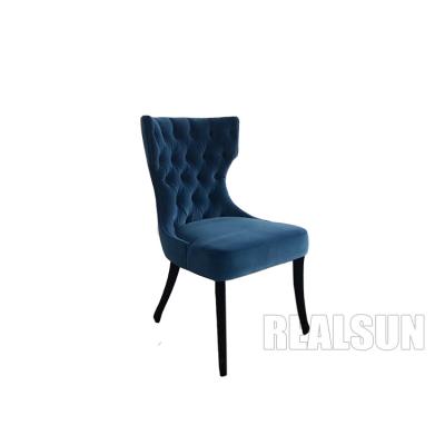 China Velvet Bule Fabric Solid Wood Frame Furniture Dining Room Chairs High Button Back for sale