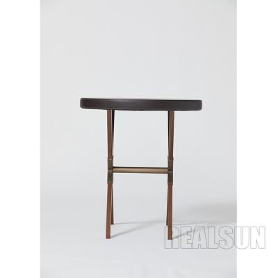 China Circular Upholstered Top Luxury Hotel Bedroom Furniture X Base Solid Wood Legs Drink Table for sale