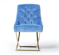 China Golden X Cross Metal Legs Furniture Dining Room Chairs Blue Velvet Fabric Button Tufted for sale