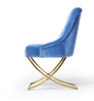 China Golden X Cross Metal Legs Furniture Dining Room Chairs Blue Velvet Fabric Button Tufted for sale