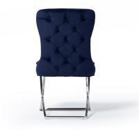 China Stainless Steel X Cross Metal Legs Button Tufted Dining Chair Dark Blue Velvet Fabric for sale