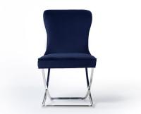 China Stainless Steel X Cross Metal Legs Button Tufted Dining Chair Dark Blue Velvet Fabric for sale
