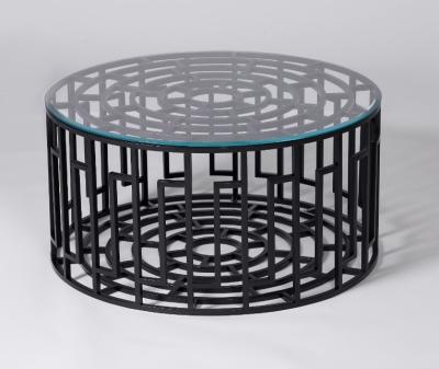 China Black Metal Base Living Room Coffee Table With Clear Tempered Glass for sale
