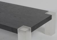 China Lucite Plinth Legs Living Room Coffee Table Natural Solid Walnut Top for sale