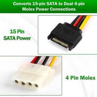 China SATA 15 Pin Male to Dual Molex 4 Pin LP4 IDE Female Power Y Adapter Cable 20cm 18AWG for HDD SSD for sale