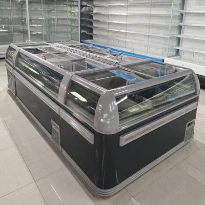 China Supermarket Island Freezer Sliding Glass Curved Lid Chest Combined Island Fridge Freezer for sale