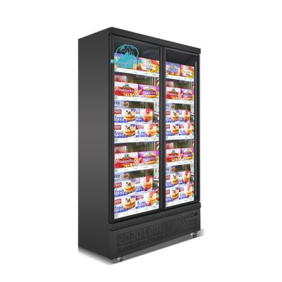 China Commercial large storage clear double glass door white tall upright freezer for sale