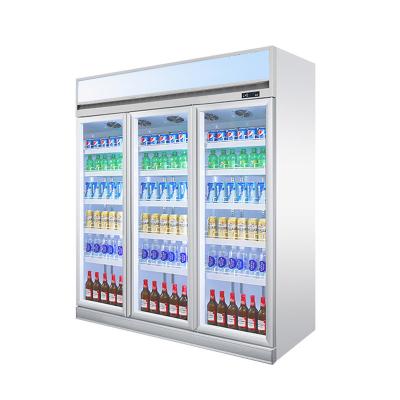 China Three Doors Vertical Display Beverage Refrigerated Showcase Commercial Glass Door Freezer For Supermarket for sale