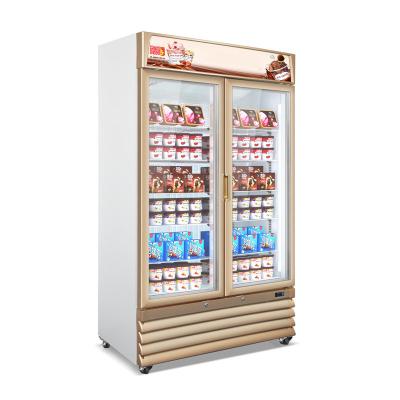 China 800L Glass Double Door Upright Display Freezer for sale