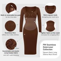 China Elastic Waist Knitted Square Neck Long Sleeve Sling Summer Midi Bodycon Shapewear Dress for sale
