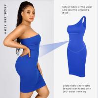 China Autumn One-Shoulder Slanted Neck Bodycon Midi Blue Dresses For Women With Body Shaper for sale