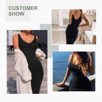 China 2023 Elegant Casual Women's Seamless Deep V-Neck Midi Shapewear Dress With Removable Pads for sale