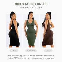 China 2023 Elegant Casual Women's Seamless Deep V-Neck Midi Shapewear Dress With Removable Pads for sale