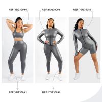 China Women 3 Pieces Sauna Sweat Sets Sport Tops Yoga Sports Pants And Bra With Removable Cups for sale