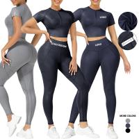 China Comfortable HEXIN 2-Piece Workout Set for Women Short Sleeve Crop Top High Waist Leggings for sale