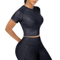 China Comfortable HEXIN 2-Piece Workout Set for Women Short Sleeve Crop Top High Waist Leggings for sale