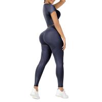 China Comfortable HEXIN 2-Piece Workout Set for Women Short Sleeve Crop Top High Waist Leggings for sale