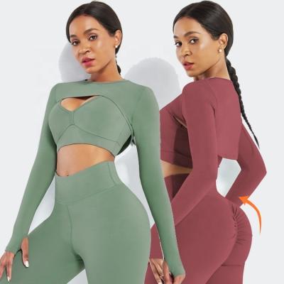 China Long Sleeves Sports Crop Top with Thumb Holes in Polyester/Spandex Fabric by HEXIN for sale