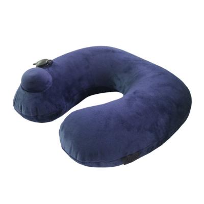 China Customized Button Press Travel Blue Inflatable Neck Pillow For Camping Trips for sale