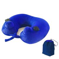 China Portable Inflatable Neck Pillow Push Button Inflatable Airplane Pillow With Velvet Cover for sale