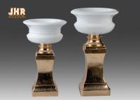 China Glossy White Fiberglass Flower Pot With Gold Leaf Pedestal Floor Vases for sale