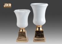 China Glossy White Modern Fiberglass Planters Centerpiece Table Vases Gold Leaf Pedestal Base for sale