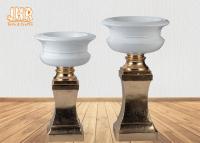 China Glossy White Fiberglass Flower Pot With Gold Leaf Pedestal Floor Vases for sale