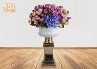 China Glossy White Fiberglass Flower Pot With Gold Leaf Pedestal Floor Vases for sale