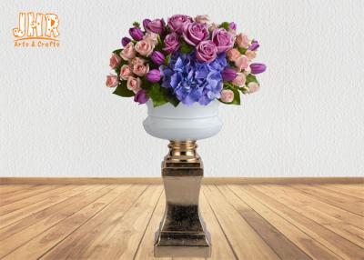 China Glossy White Fiberglass Flower Pot With Gold Leaf Pedestal Floor Vases for sale