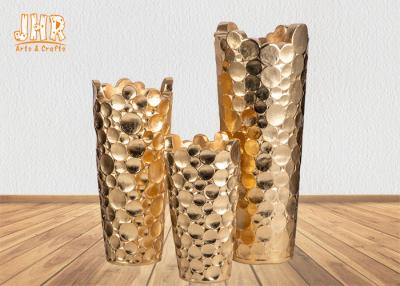 China Decorative Circle Pattern Contemporary Plant Pots Fiberglass Gold Leaf Finish 3 Size for sale
