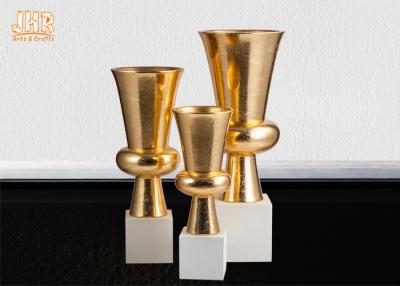 China Trumpet Gold Leaf Fiberglass Planters With Frosted White Base Pot Planters for sale