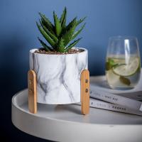 China Marbling Texture Cement Plant Pots Round Flower Pots Succulents Pot Planters with Bamboo Foot Mini Pots for sale