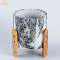China Marbling Texture Cement Plant Pots Round Flower Pots Succulents Pot Planters with Bamboo Foot Mini Pots for sale